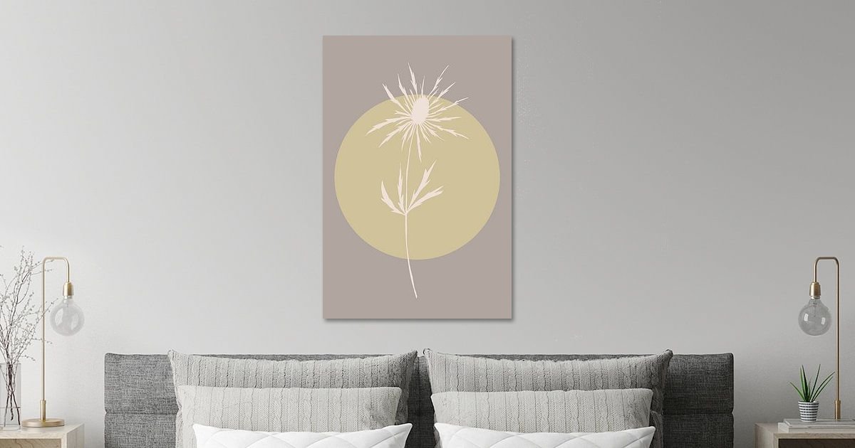 Japandi. Boho botanische distelbloem in goud en taupe nr. 7 van Dina Dankers op canvas, behang ...
